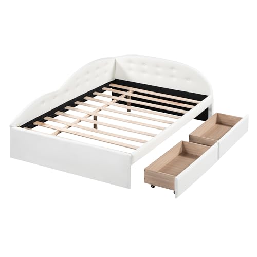 Full Size Upholstered Daybed with 2 Drawers and Cloud Shaped Guardrail, PU Upholstered Tufted Platform Bed with Wooden Slat Support for Bedroom Living Room, Easy Assembly (White + Upholstered-V23)