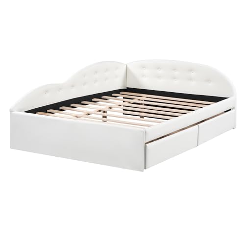 Full Size Upholstered Daybed with 2 Drawers and Cloud Shaped Guardrail, PU Upholstered Tufted Platform Bed with Wooden Slat Support for Bedroom Living Room, Easy Assembly (White + Upholstered-V23)