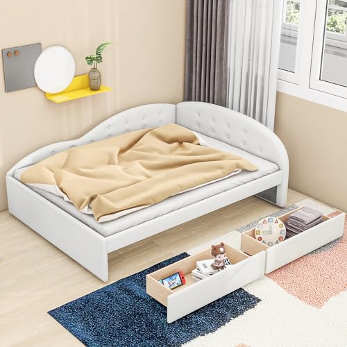 Full Size Upholstered Daybed with 2 Drawers and Cloud Shaped Guardrail, PU Upholstered Tufted Platform Bed with Wooden Slat Support for Bedroom Living Room, Easy Assembly (White + Upholstered-V23)