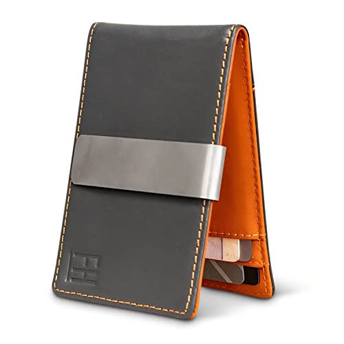 Forrest & Harold F&H Minimalist Men's Wallet RFID Blocking Wallet, Slim Leather Wallet Money Metal Clip Holds 8 Cards, Back and Front Pocket Wallets, Charcoal/Rust