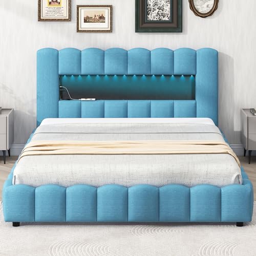 HAUSHECK Upholstered Bed Frame Queen Size with Large Underneath Storage, LED Headboard and USB Ports, Queen Floor Bed Frame w/Wooden Slats Support, Modern Platform Bed No Box Spring Needed