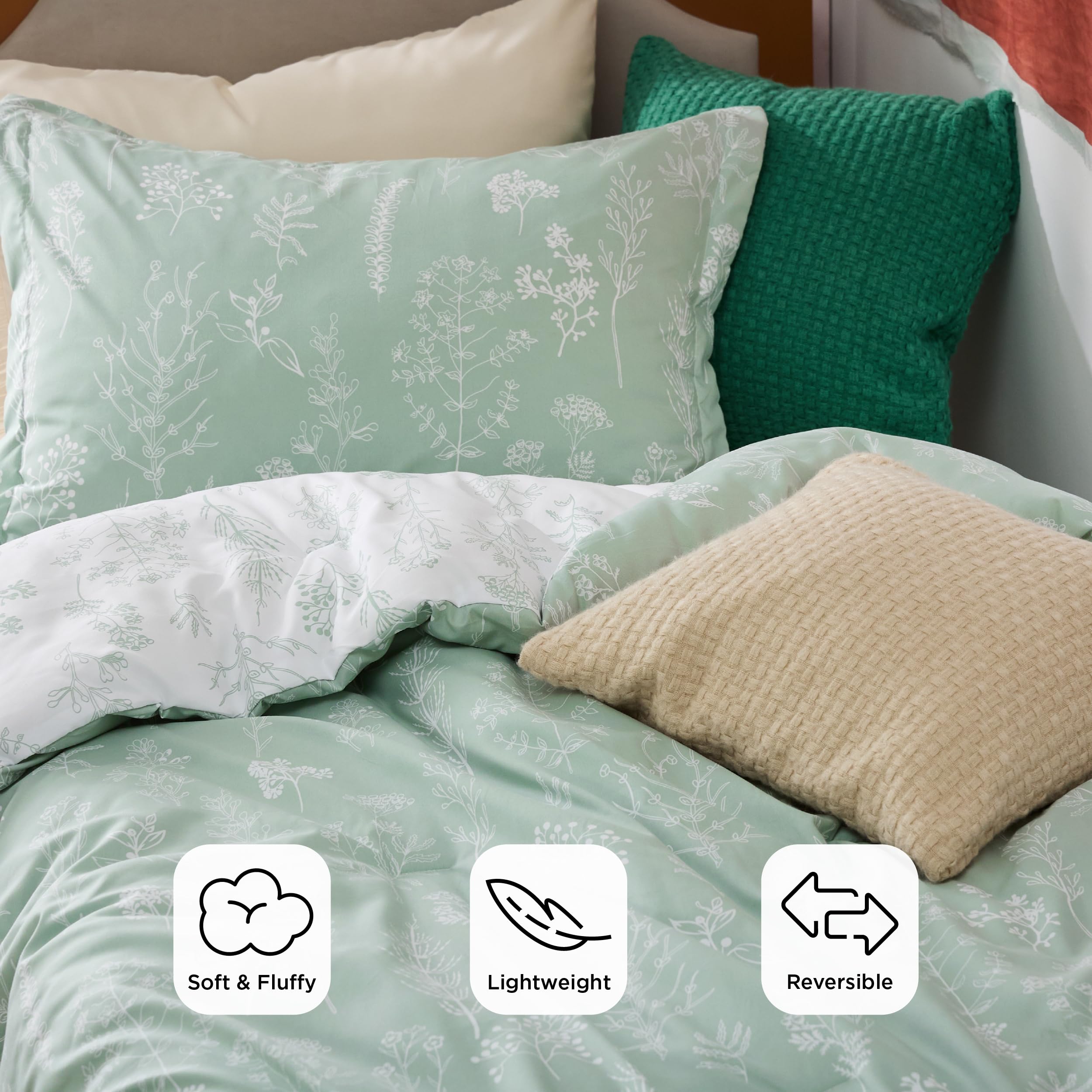 Bedsure Twin Comforter Set - Sage Green Bed Set, 2 Pieces Cute Floral Bedding, 1 Soft Reversible Botanical Flowers Comforter and 1 Pillow Sham