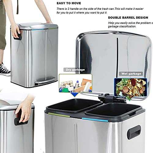 10 Gallon 40L Trash Can with Lid 2 Removable Liner Bucket Area for Office Kitchen Stainless Steel Metal Trash Can, Step Trash Can Wastebasket, Room Large Recycling Trash Can, Garbage Container Bin