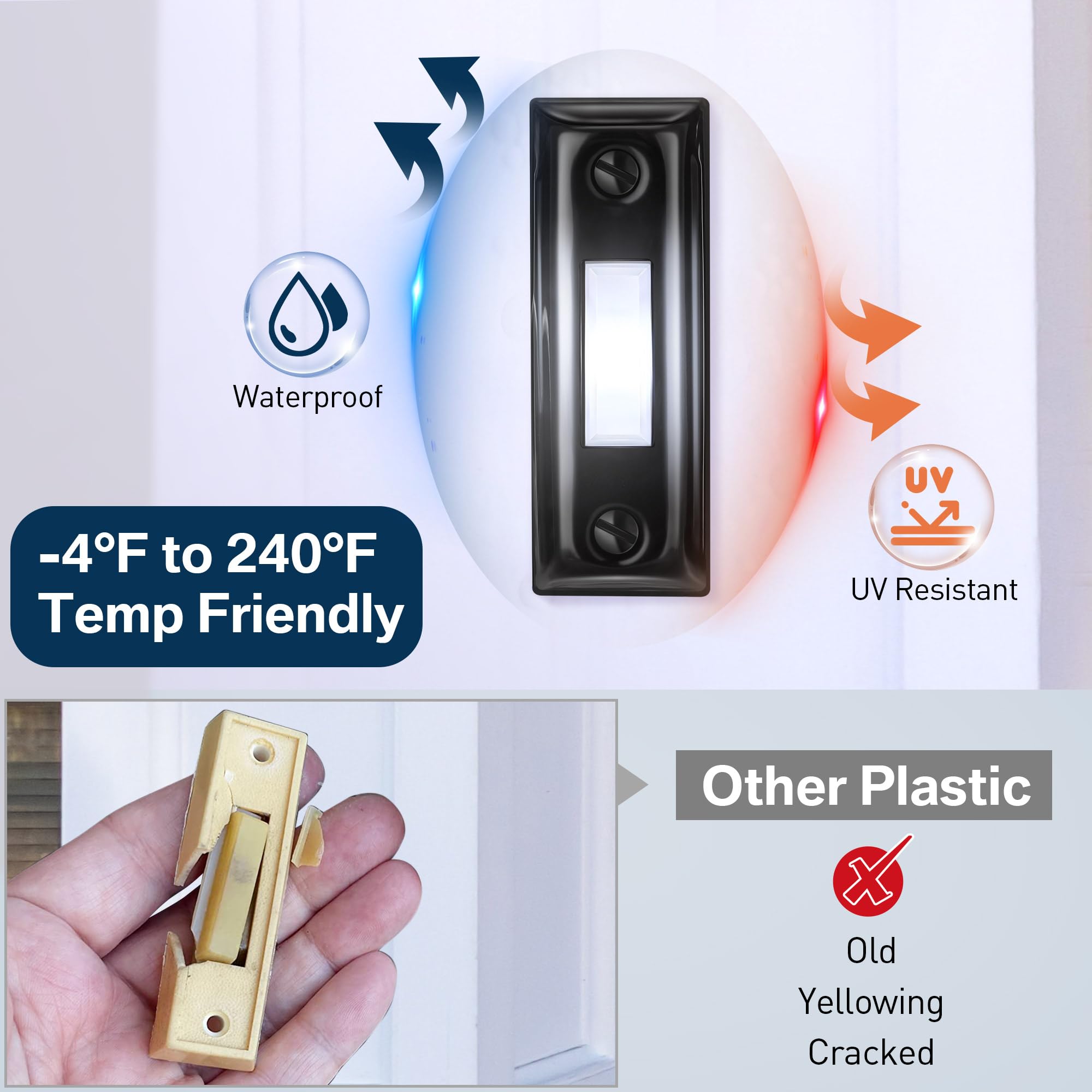 Dreyoo Metal Doorbell Push Button, Heavy Duty Metal Door Bell Wired Button LED Lighted Wall Mounted Door Bell Push Buttons for Home Universal Garage Door Opener Switch (Black)