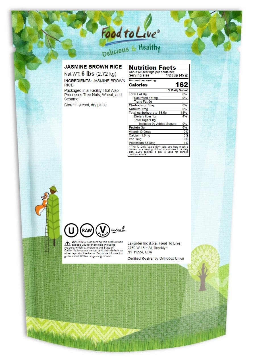 Food to Live Jasmine Brown Rice, 6 Pounds β Whole-Grain and Long-Grain Thai Rice, Vegan, Kosher, Bulk. Higher in Fiber than White Jasmine Rice. Great as Side Dish