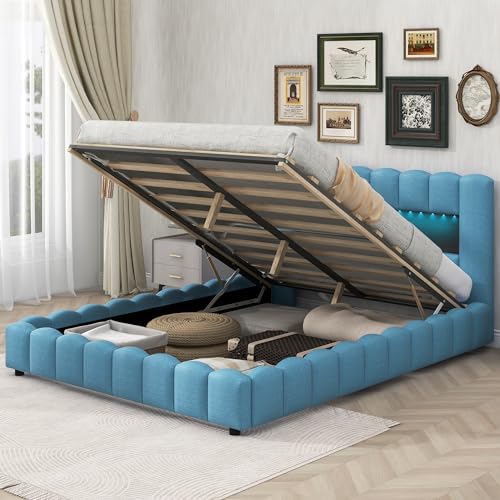 HAUSHECK Upholstered Bed Frame Queen Size with Large Underneath Storage, LED Headboard and USB Ports, Queen Floor Bed Frame w/Wooden Slats Support, Modern Platform Bed No Box Spring Needed