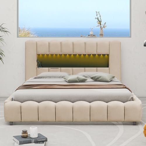 GLORHOME Queen Size Upholstered Platform Bed with LED Headboard and USB Charging Ports, Wooden Bed Frame,Beige