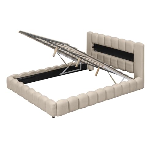 GLORHOME Queen Size Upholstered Platform Bed with LED Headboard and USB Charging Ports, Wooden Bed Frame,Beige