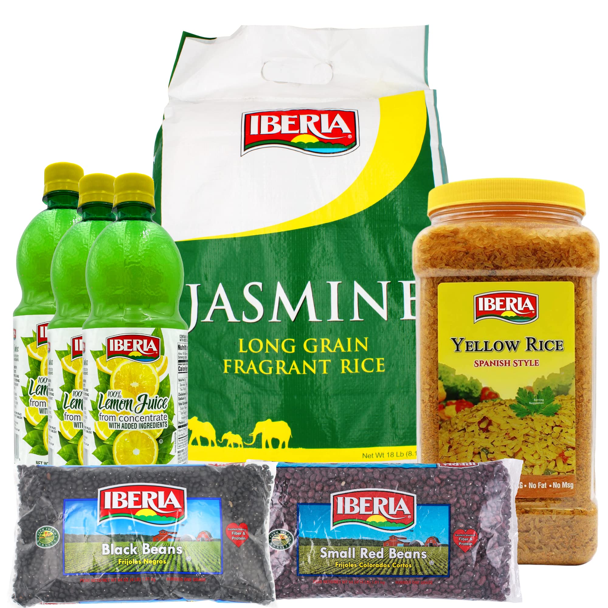 Pantry Essentials Bundles - Iberia Jumbo Yellow Rice 6.25lb., Iberia Jasmine Rice, 18 lb., Iberia Lemon Juice 32 oz. (Pack of 3), Iberia Black Beans 4 lb., Iberia Small Red Beans, 4 lb.