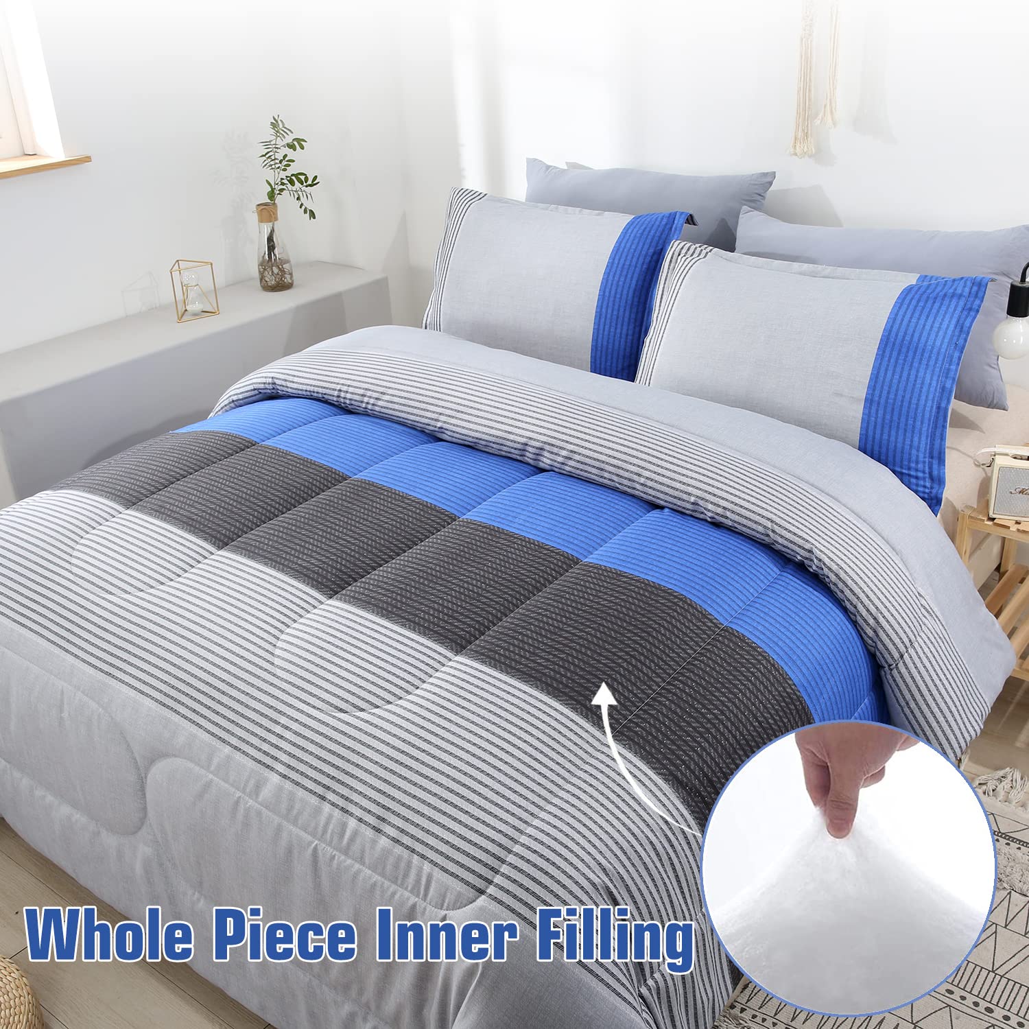 PERFEMET Blue Striped Comforter Set Twin Size - (1 Twin XL Comforter, 2 Pillowcases), Super Soft Lightweight Patchwork Bedding Set, Reversible Down Alternative Comforter Set for Teens Boys Girls