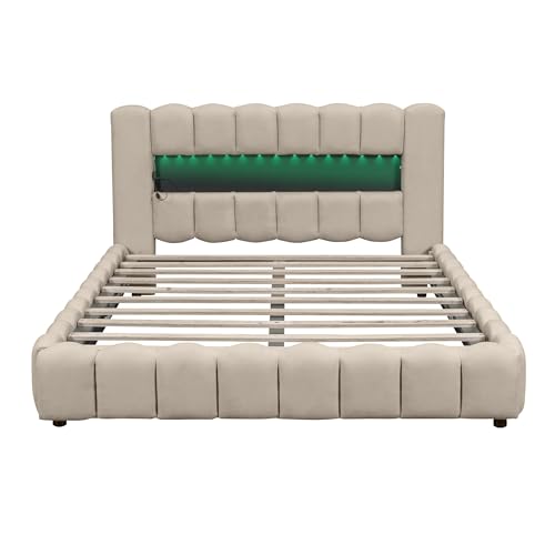 GLORHOME Queen Size Upholstered Platform Bed with LED Headboard and USB Charging Ports, Wooden Bed Frame,Beige