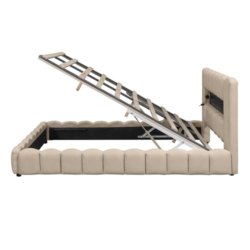 GLORHOME Queen Size Upholstered Platform Bed with LED Headboard and USB Charging Ports, Wooden Bed Frame,Beige