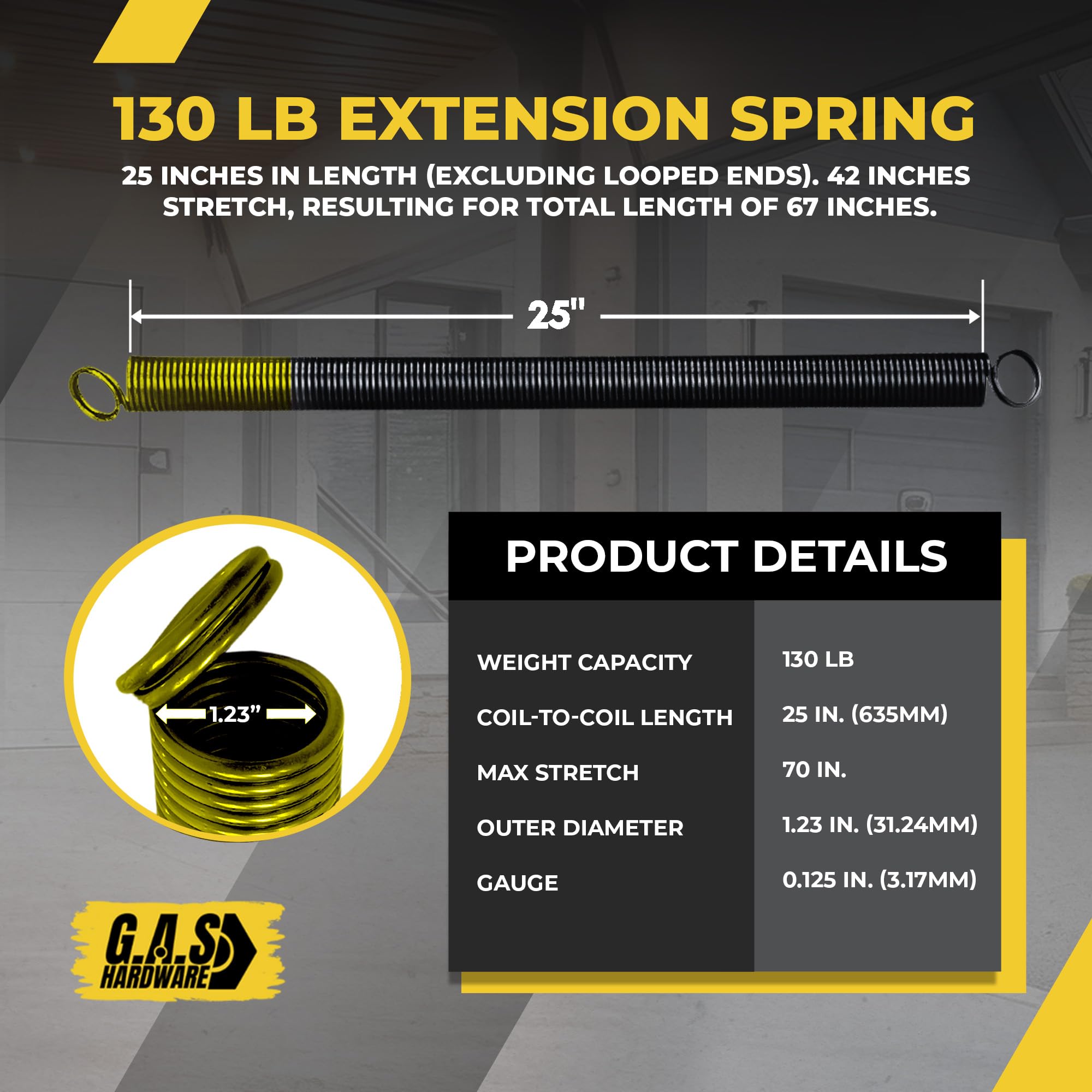 G.A.S Hardware 130 lb. Heavy-Duty Double-Looped Garage Door Extension Spring (2-Pack) - Yellow | Springs for Garage Door Repair Garage Hardware Parts (130-Yellow)