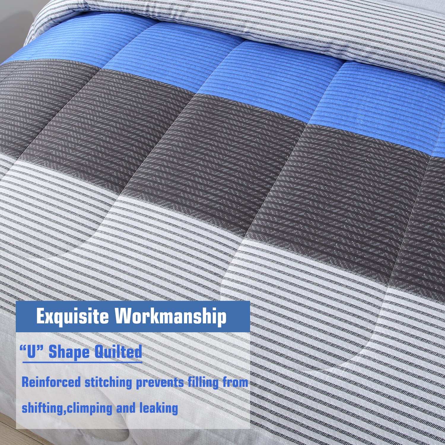 PERFEMET Blue Striped Comforter Set Twin Size - (1 Twin XL Comforter, 2 Pillowcases), Super Soft Lightweight Patchwork Bedding Set, Reversible Down Alternative Comforter Set for Teens Boys Girls