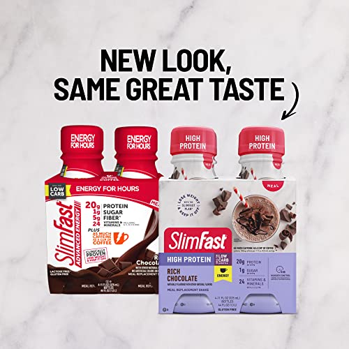 SlimFast Advanced Energy High Protein Meal Replacement Shake, Rich Chocolate, 20g of Ready to Drink Protein with Caffeine, 11 Fl. Oz Bottle, 4 Count (Packaging May Vary)