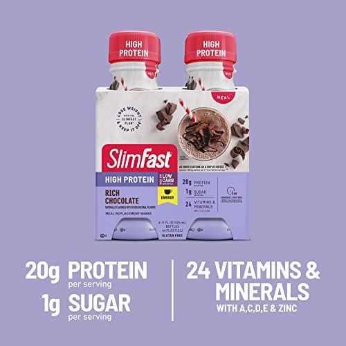SlimFast Advanced Energy High Protein Meal Replacement Shake, Rich Chocolate, 20g of Ready to Drink Protein with Caffeine, 11 Fl. Oz Bottle, 4 Count (Packaging May Vary)