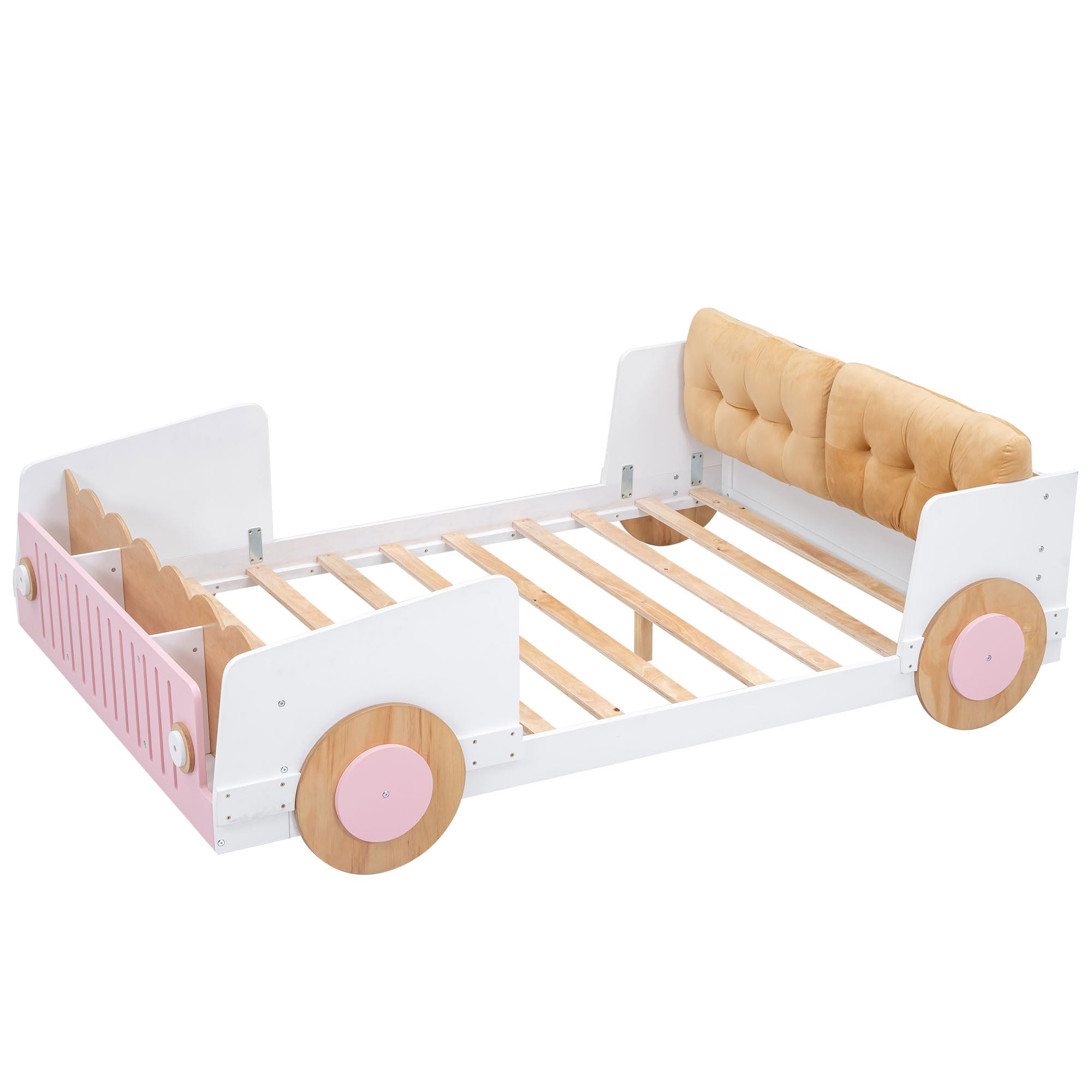 Yehha Full Size Platform Bed w/Upholstered Headboard & Storage Shelves Footboard, Wooden Bedframe with Wheels & Headlights for Kids, White