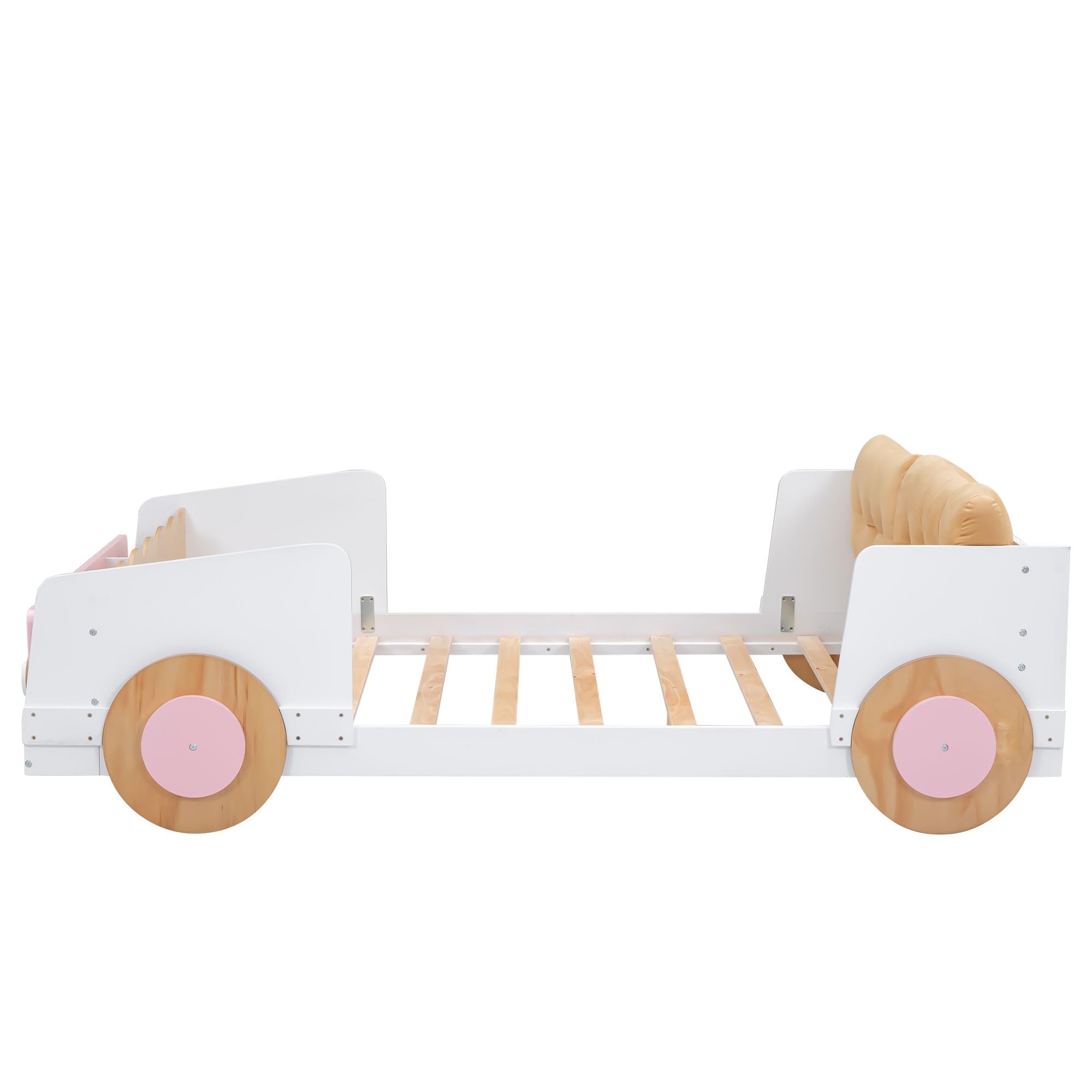 Yehha Full Size Platform Bed w/Upholstered Headboard & Storage Shelves Footboard, Wooden Bedframe with Wheels & Headlights for Kids, White
