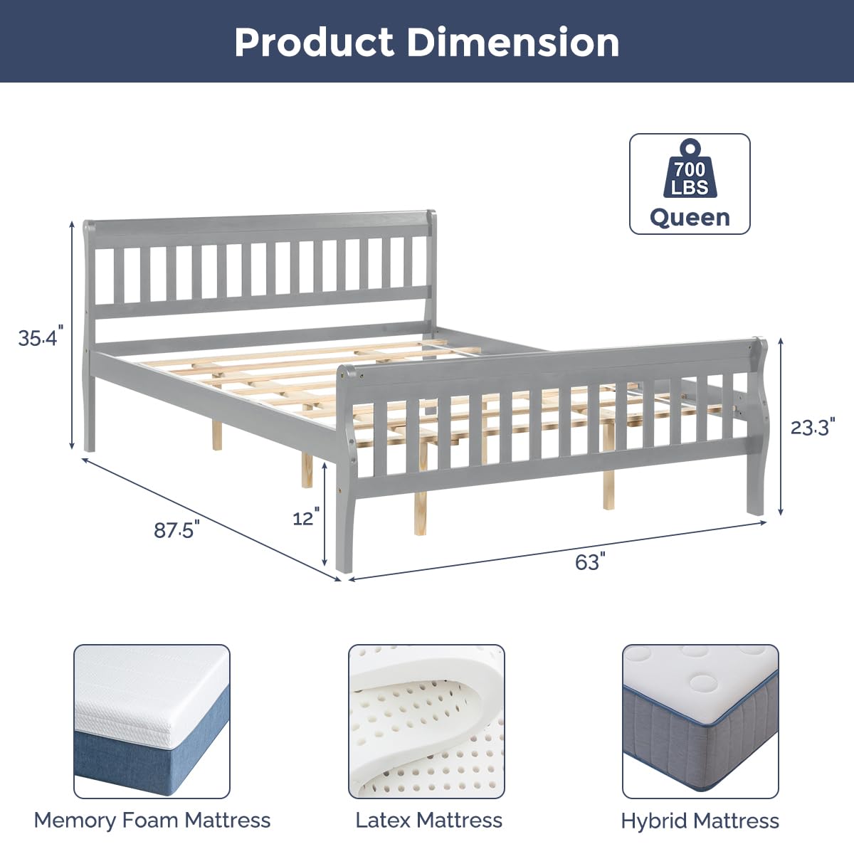 IULULU Queen Bed Frame, Solid Wood Platform Bed Frame with Headboard & Footboard, Queen Size Mattress Foundation with Wooden Slats Support, Easy Assembly, No Box Spring Needed, Light Grey