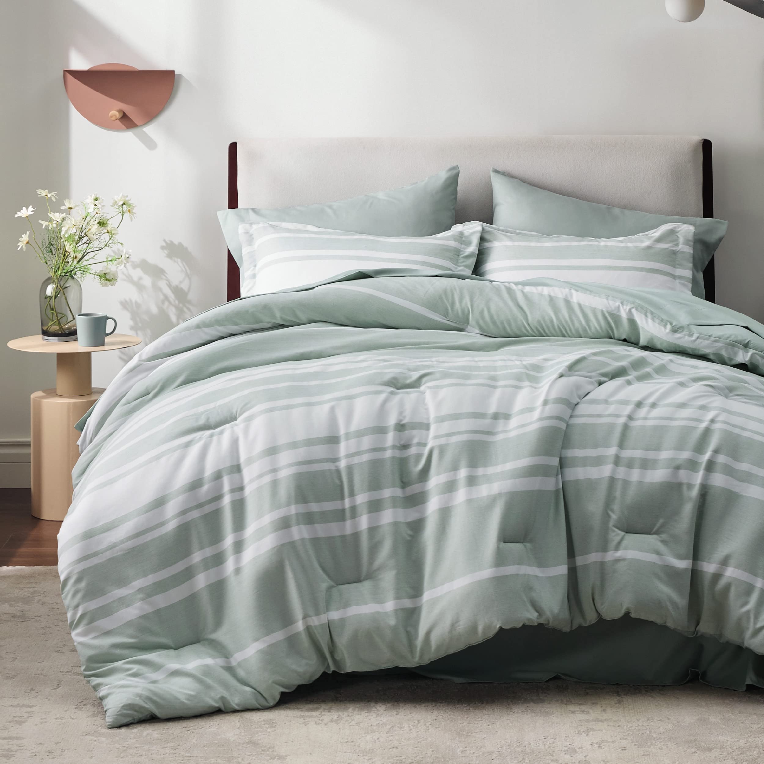 Bedsure Twin Comforter Set 5 Pieces, Sage Green Striped Bedding Set for Twin Size Bed Reversible, Cationic Dyeing Bed in a Bag with Comforter, Sheets, Pillowcase & Sham