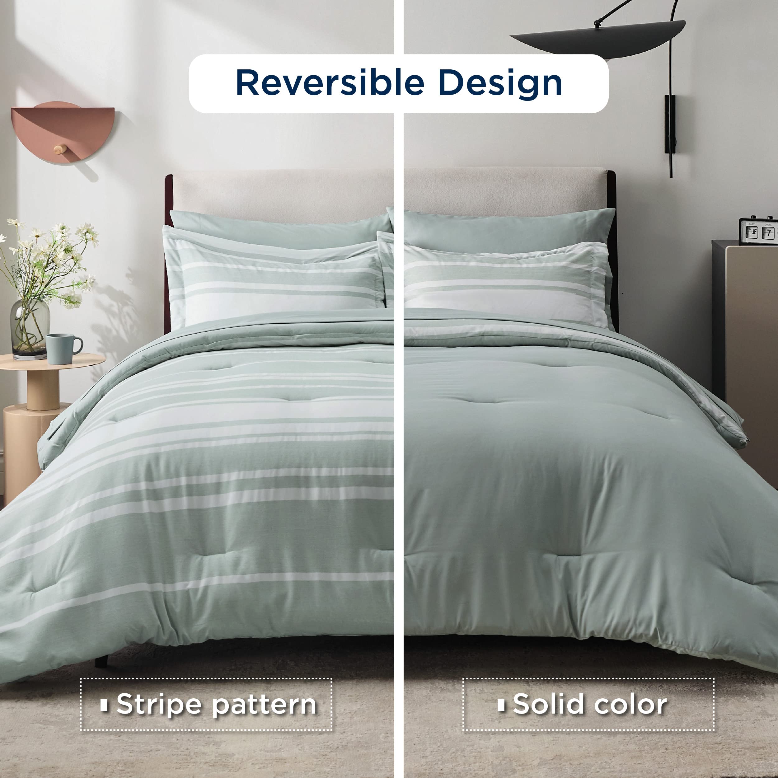 Bedsure Twin Comforter Set 5 Pieces, Sage Green Striped Bedding Set for Twin Size Bed Reversible, Cationic Dyeing Bed in a Bag with Comforter, Sheets, Pillowcase & Sham