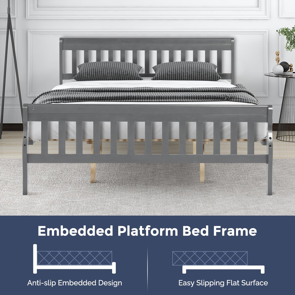 IULULU Queen Bed Frame, Solid Wood Platform Bed Frame with Headboard & Footboard, Queen Size Mattress Foundation with Wooden Slats Support, Easy Assembly, No Box Spring Needed, Light Grey