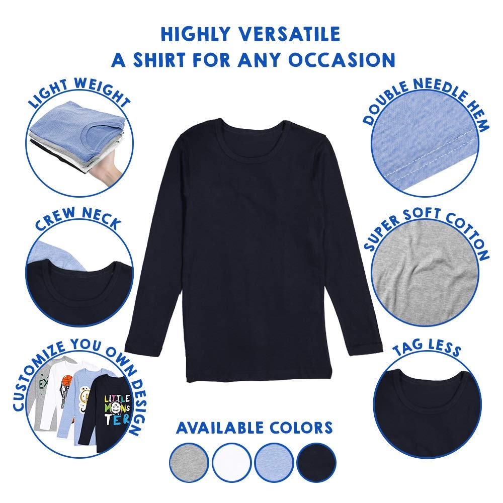 Brix Boys' Long Sleeve Tees - Shirts 4 Pack Cotton Crewneck Multipack Basic T-Shirts.