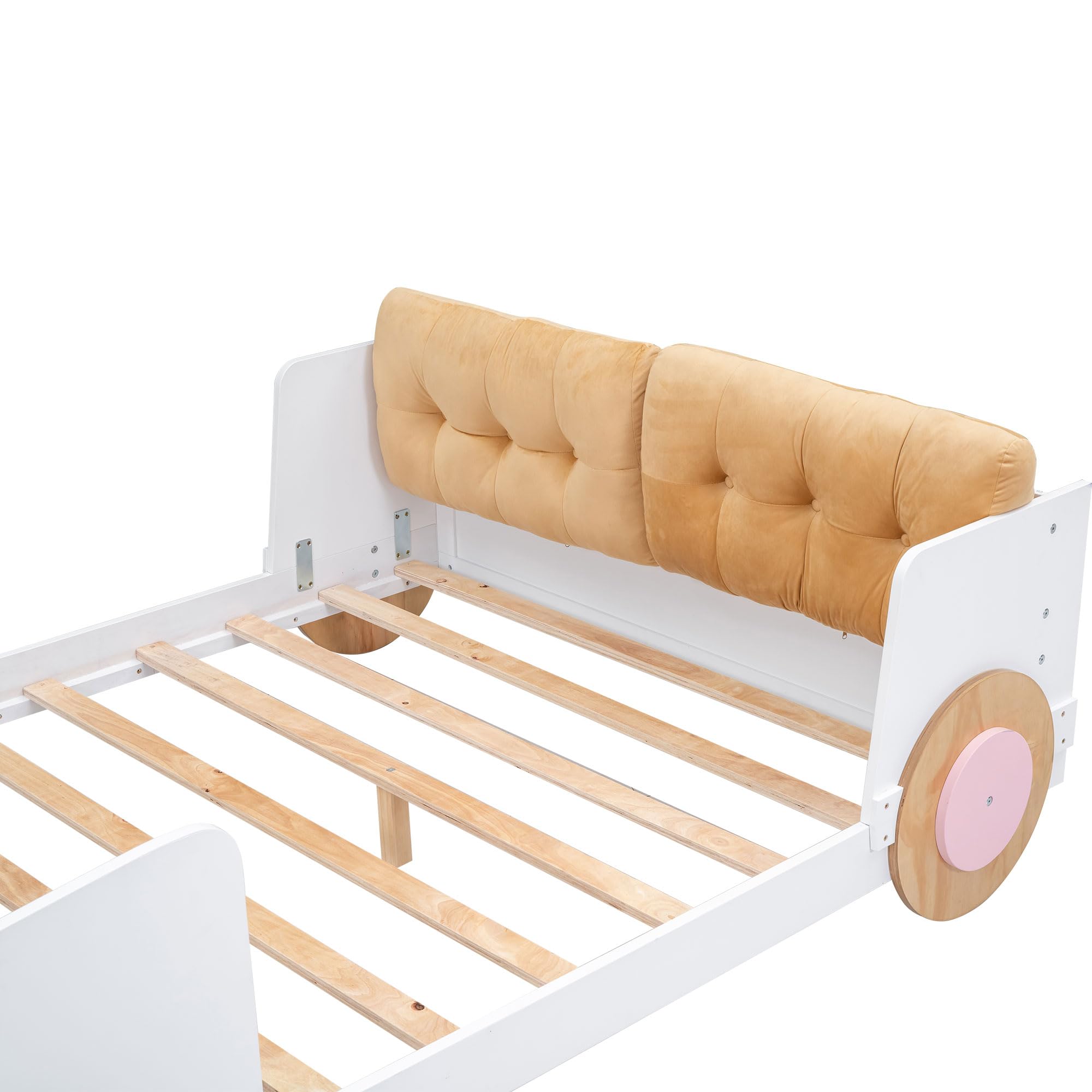 Yehha Full Size Platform Bed w/Upholstered Headboard & Storage Shelves Footboard, Wooden Bedframe with Wheels & Headlights for Kids, White