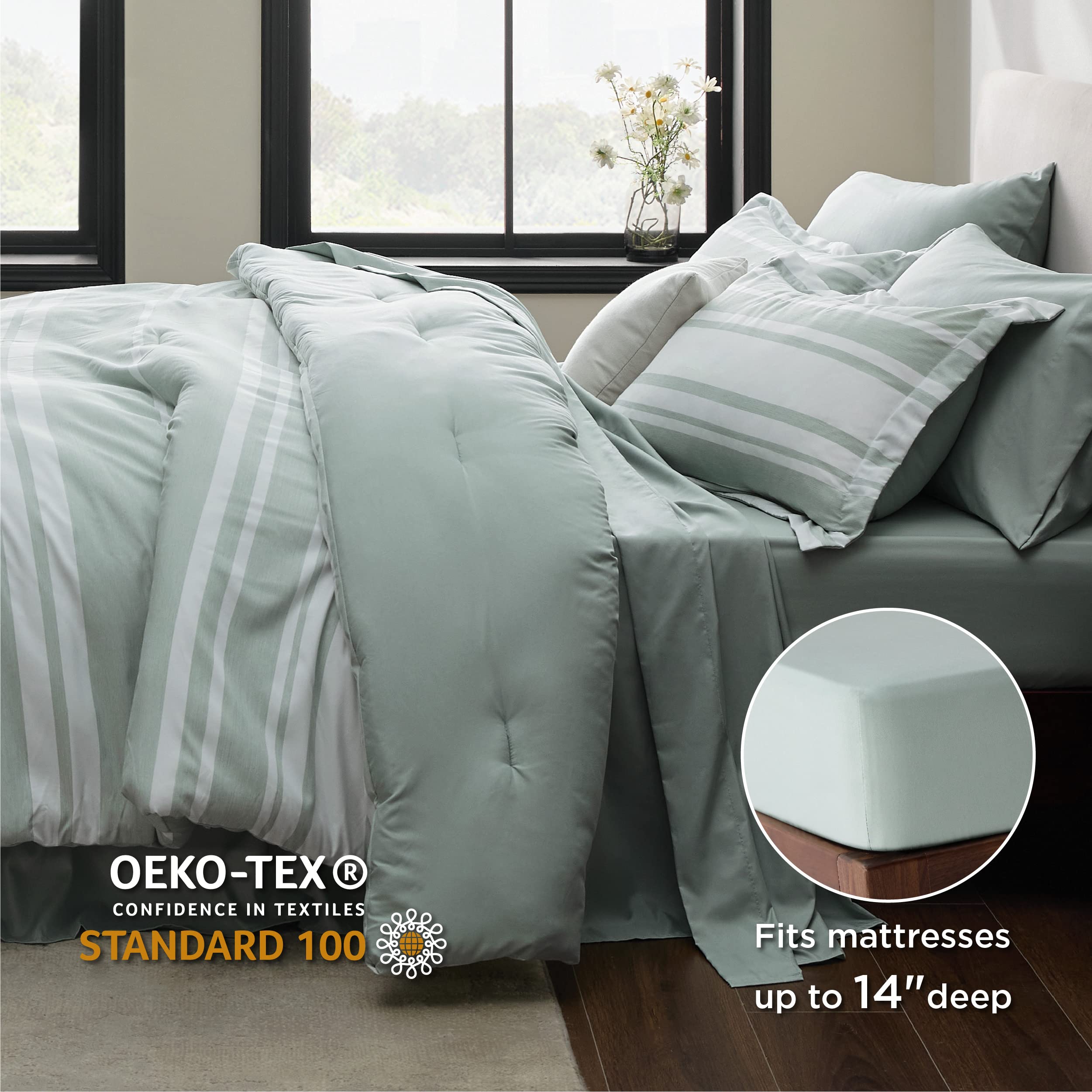 Bedsure Twin Comforter Set 5 Pieces, Sage Green Striped Bedding Set for Twin Size Bed Reversible, Cationic Dyeing Bed in a Bag with Comforter, Sheets, Pillowcase & Sham