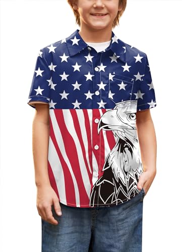 BesserBay Kids Boys Patriotic 4th of July Eagle Shirt American Flag Hawaiian Button Down Tshirt 9-10 Years