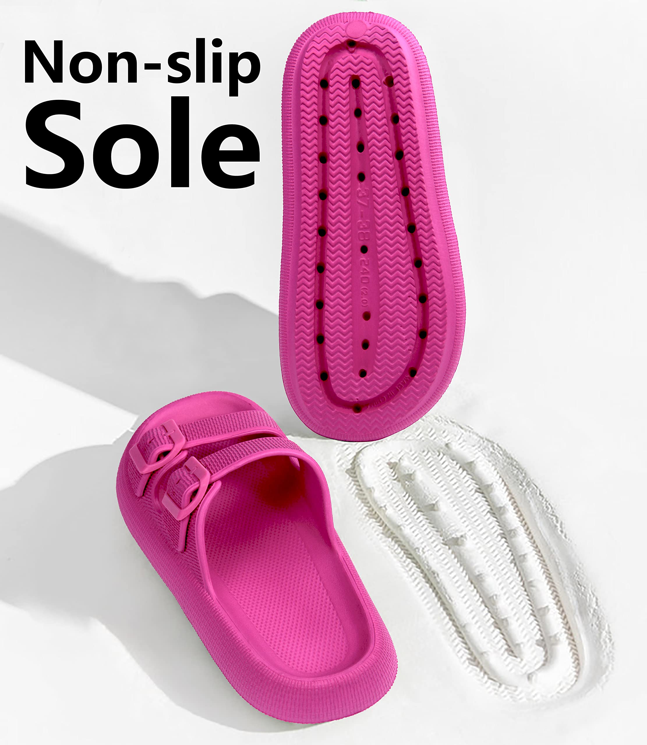 Weweya Double Buckle Slides for Women Pillow Slippers Hot Pink Cushioned Foam Slides Sandals Hot Pink Women Size 5.5 6 6.5