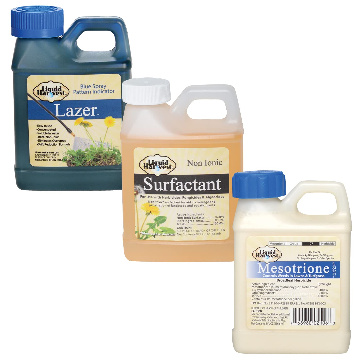 Liquid Harvest Lazer Blue Spray Pattern Indicator 8 oz, Surfactant 8 oz, and Mesotrione 8 oz Bundle for Effective Weed Control