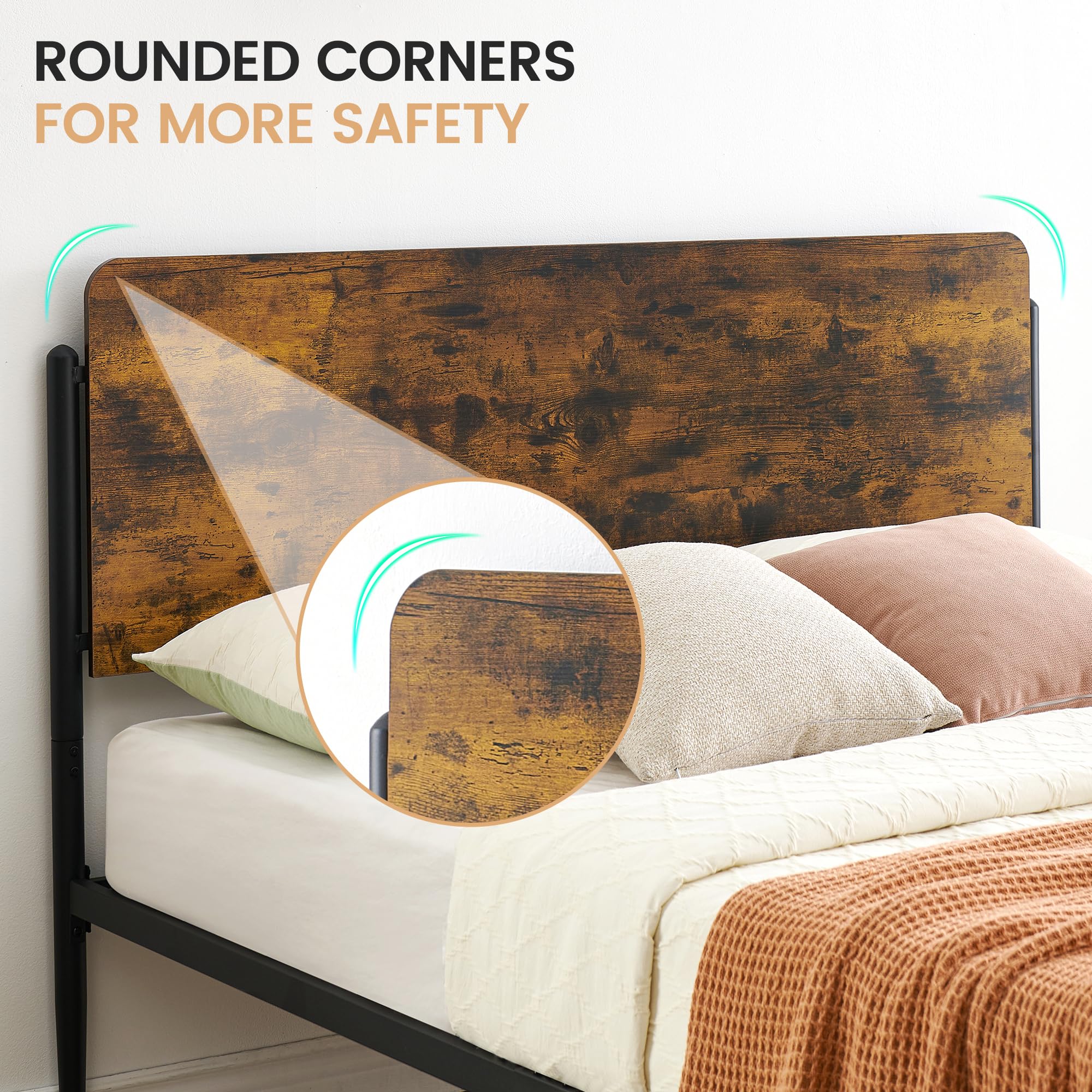 IDEALHOUSE Full Size Metal Bed Frame with Wooden Headboard and Footboard, Platform Full Bed Frame with Under Bed Storage, Strong Metal Slat Support, No Box Spring Needed, Brown