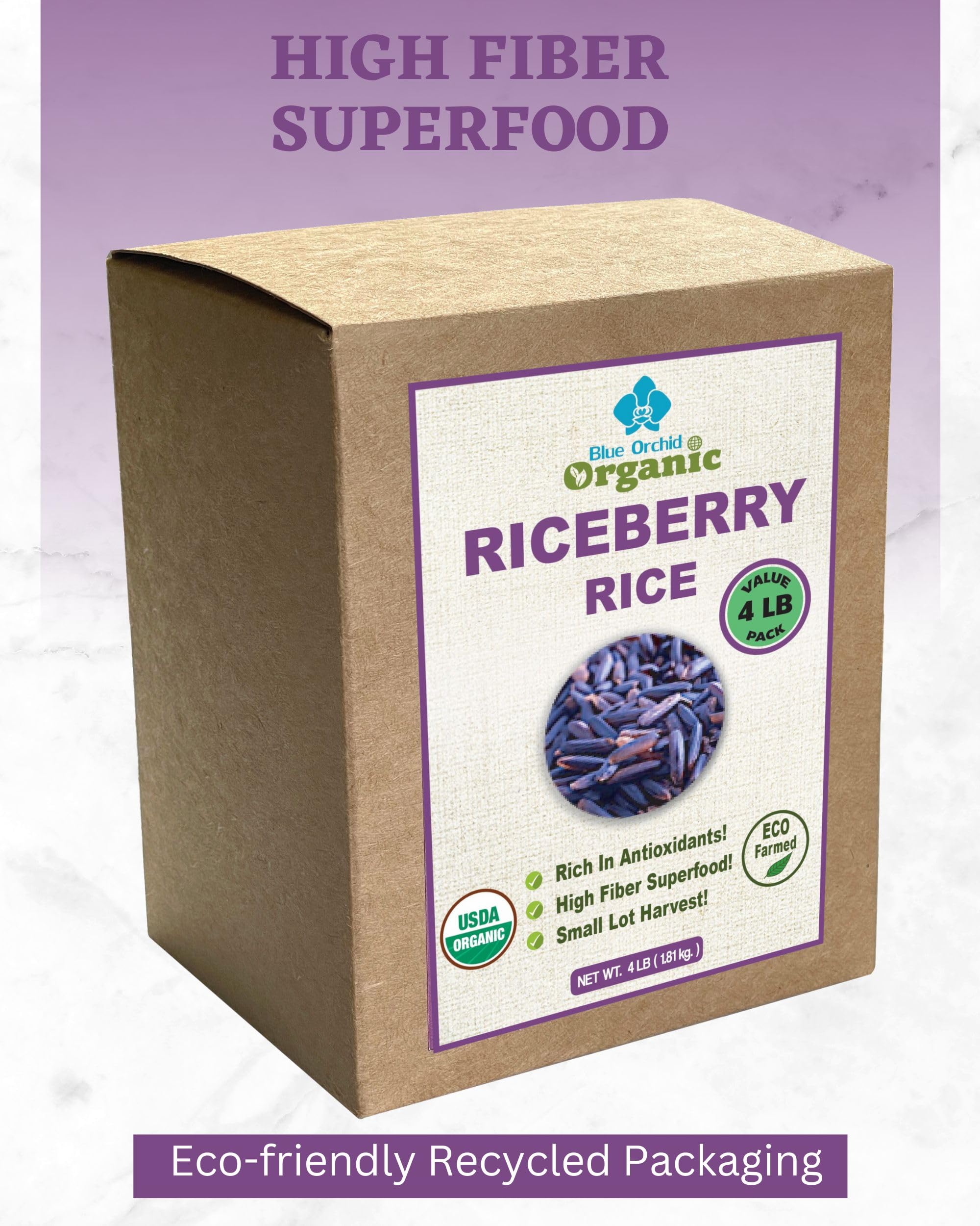 Organic Riceberry Rice - Purple Thai Black Jasmine Rice - USDA Certified - Premium Freshness - Small Lot Harvest Direct from our Farm to your Table - 4 LB