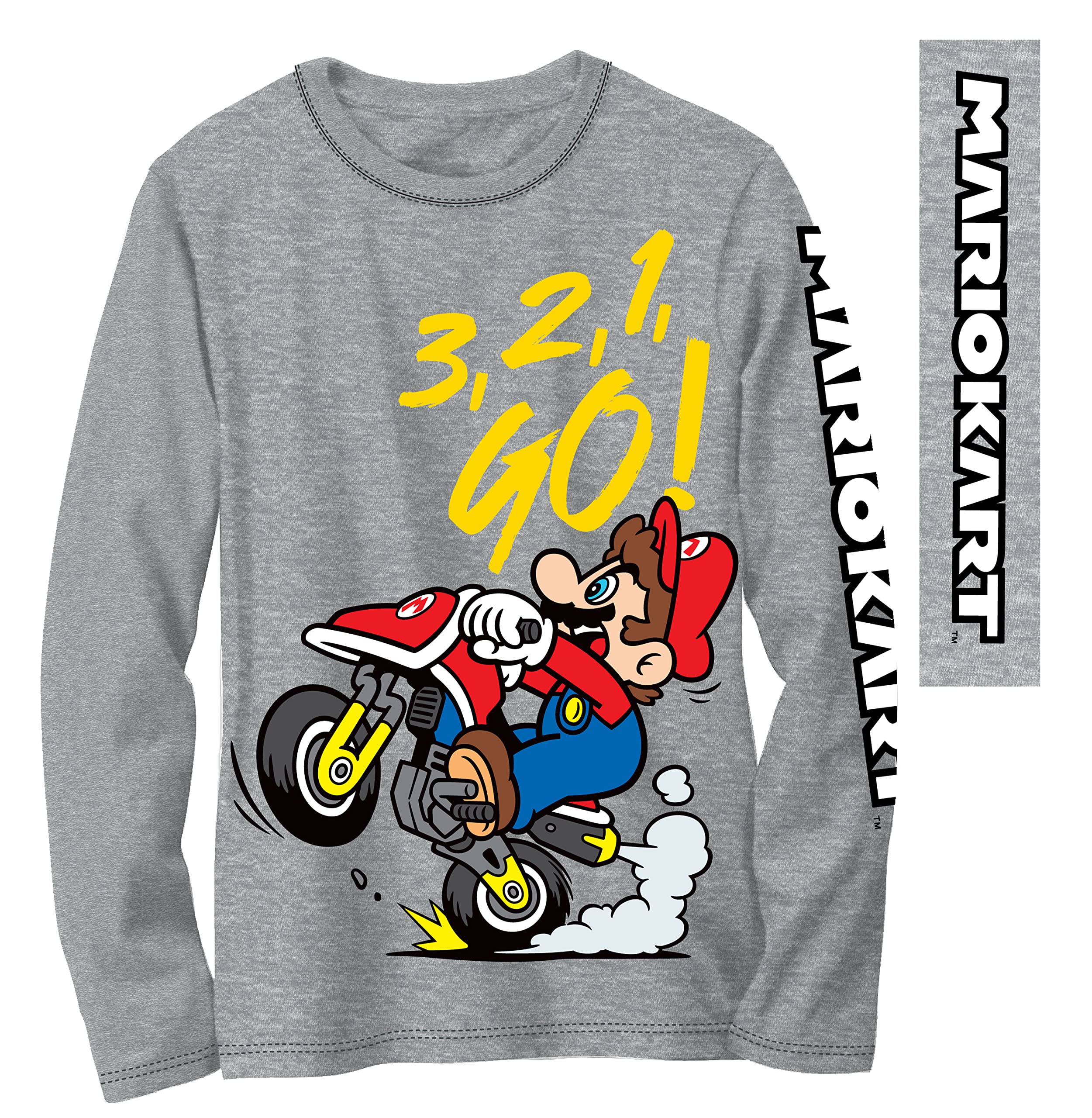 Isaac Morris Mariokart Big Boys Long Sleeve Tee, Grey 10-12 Years
