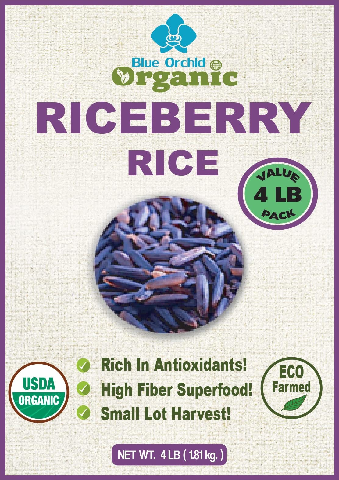 Organic Riceberry Rice - Purple Thai Black Jasmine Rice - USDA Certified - Premium Freshness - Small Lot Harvest Direct from our Farm to your Table - 4 LB
