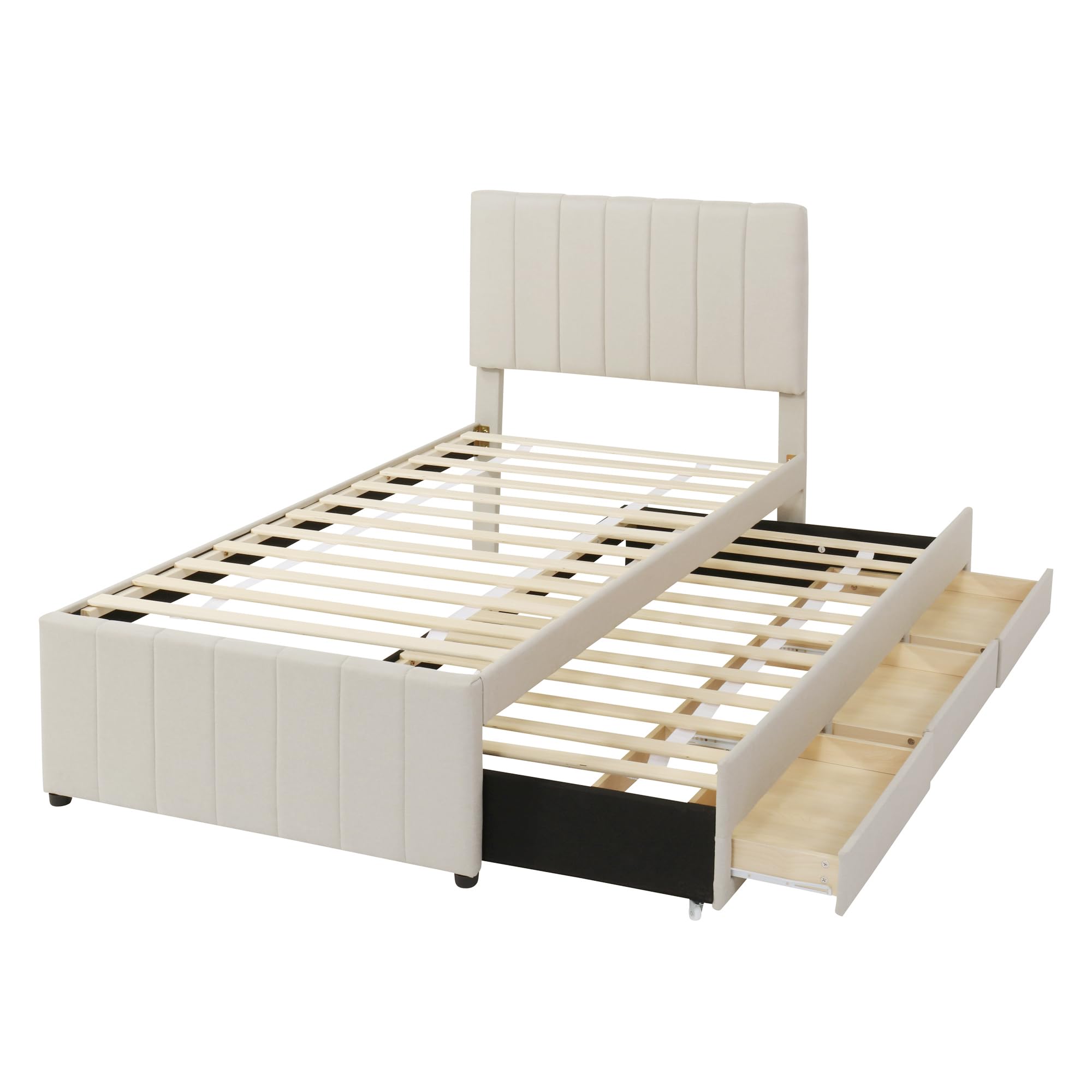 FANYHOME Upholstered Platform Bed, Twin Size Wooden Bed Frame with Pull-Out Twin Size Trundle and 3 Drawers, Wood Slat Support, No Box Spring Needed, Linen Fabric, Beige
