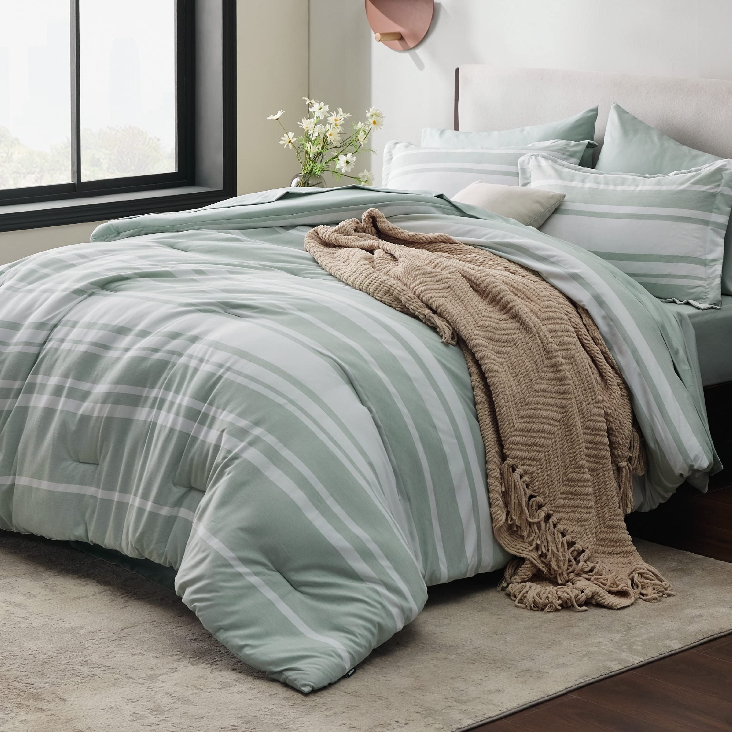 Bedsure Twin Comforter Set 5 Pieces, Sage Green Striped Bedding Set for Twin Size Bed Reversible, Cationic Dyeing Bed in a Bag with Comforter, Sheets, Pillowcase & Sham