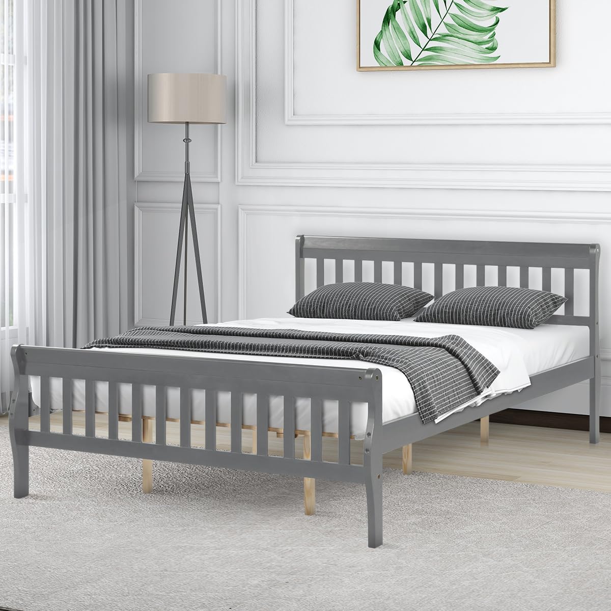 IULULU Queen Bed Frame, Solid Wood Platform Bed Frame with Headboard & Footboard, Queen Size Mattress Foundation with Wooden Slats Support, Easy Assembly, No Box Spring Needed, Light Grey