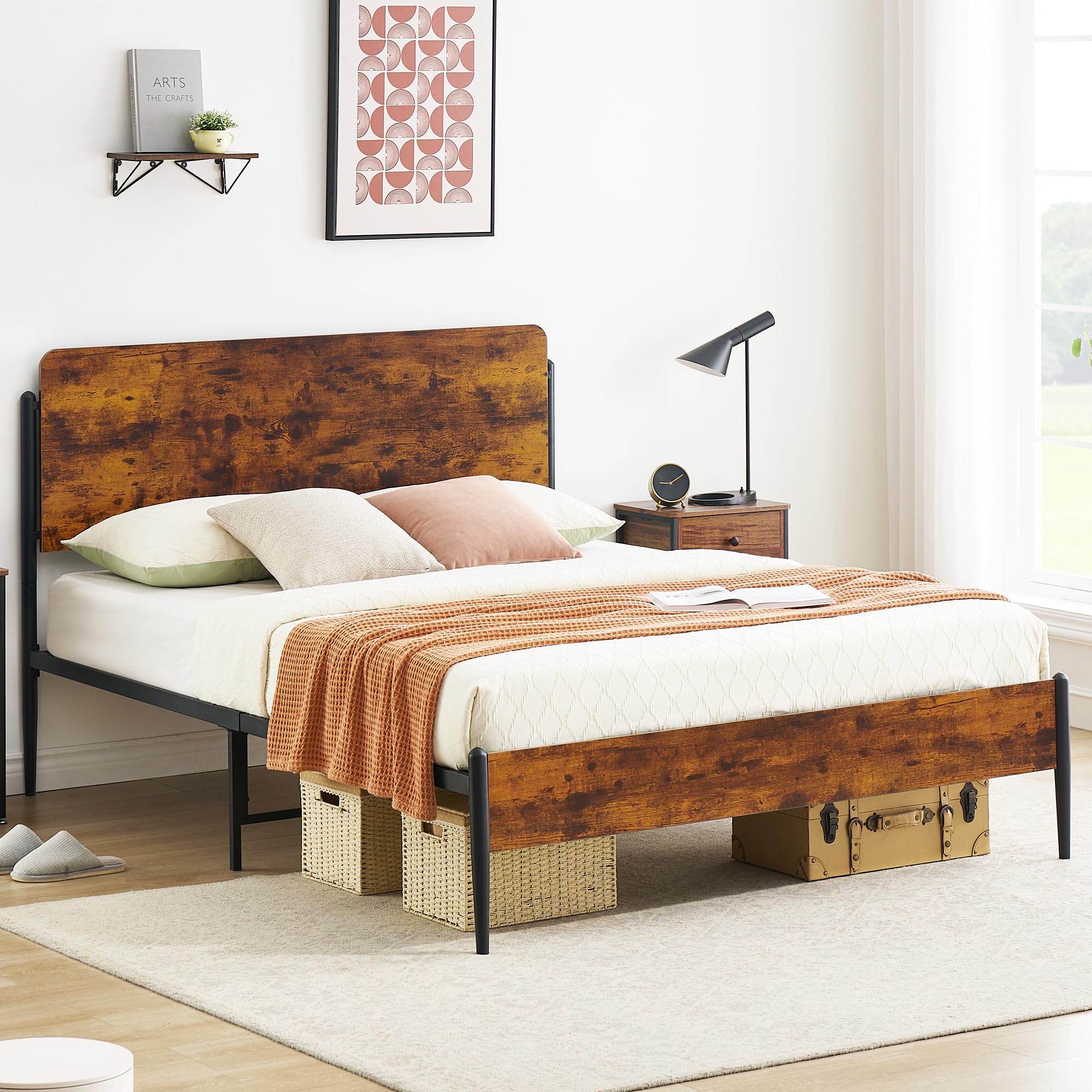 IDEALHOUSE Full Size Metal Bed Frame with Wooden Headboard and Footboard, Platform Full Bed Frame with Under Bed Storage, Strong Metal Slat Support, No Box Spring Needed, Brown