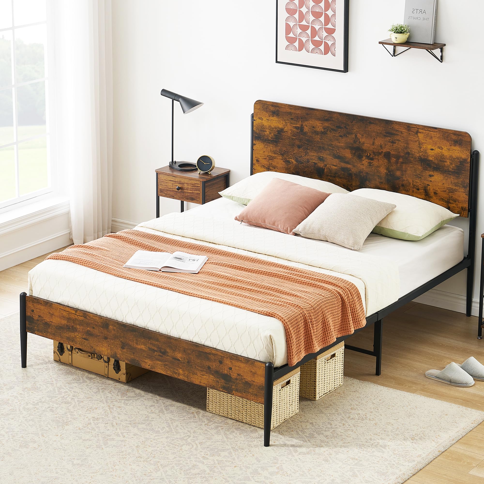 IDEALHOUSE Full Size Metal Bed Frame with Wooden Headboard and Footboard, Platform Full Bed Frame with Under Bed Storage, Strong Metal Slat Support, No Box Spring Needed, Brown