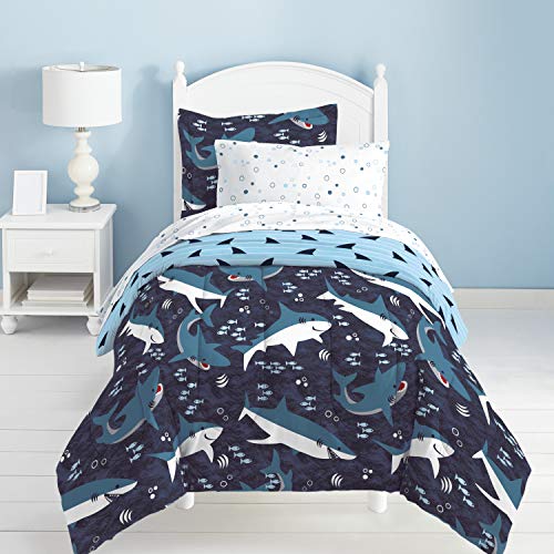 dream FACTORY Kids 5-Piece Complete Set Easy-Wash Super Soft Microfiber Comforter Bedding, Twin, Blue Sharks