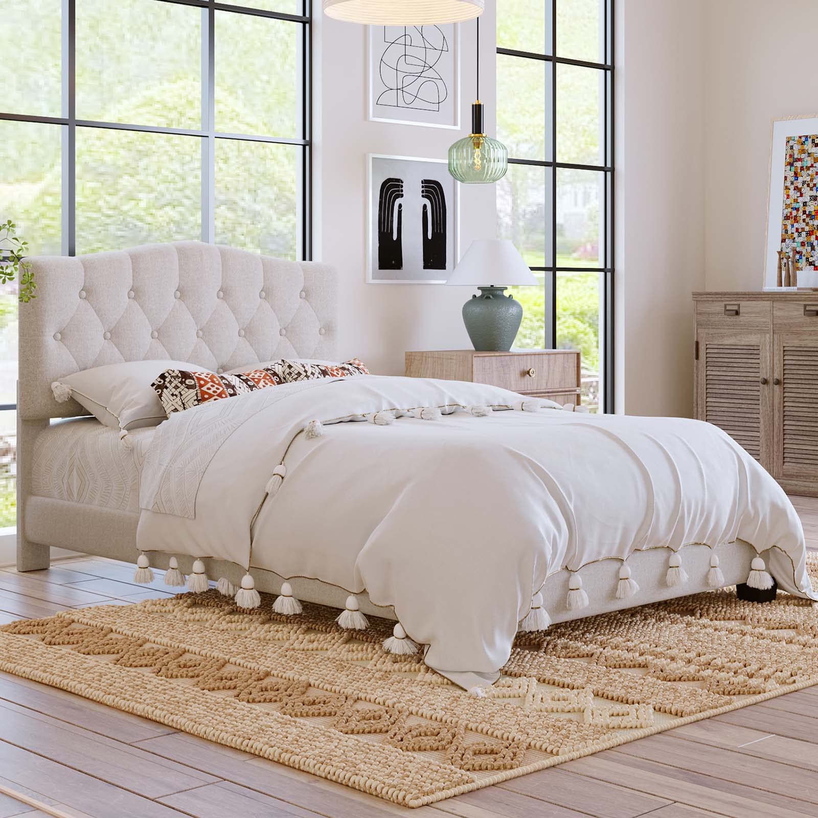 Full Size Upholstered Platform Bed Frame with Saddle Curved Headboard and Diamond Tufted Details, Wooden Slats Support, No Box Spring Needed for Boys Girls Teens Adults, Under Bed Storage (Full)