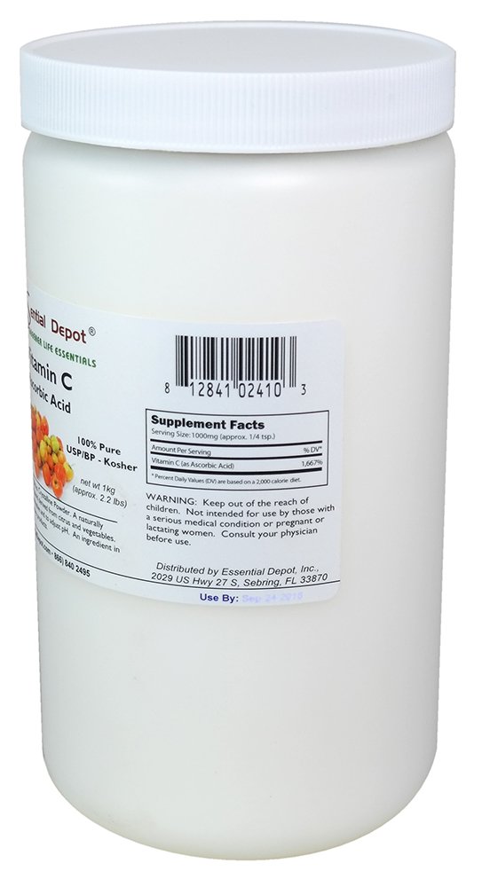Essential Depot Ascorbic Acid Powder - Vitamin C - 2.2 lbs - 1 KG - USP - Safety Sealed HDPE Container with resealable Cap