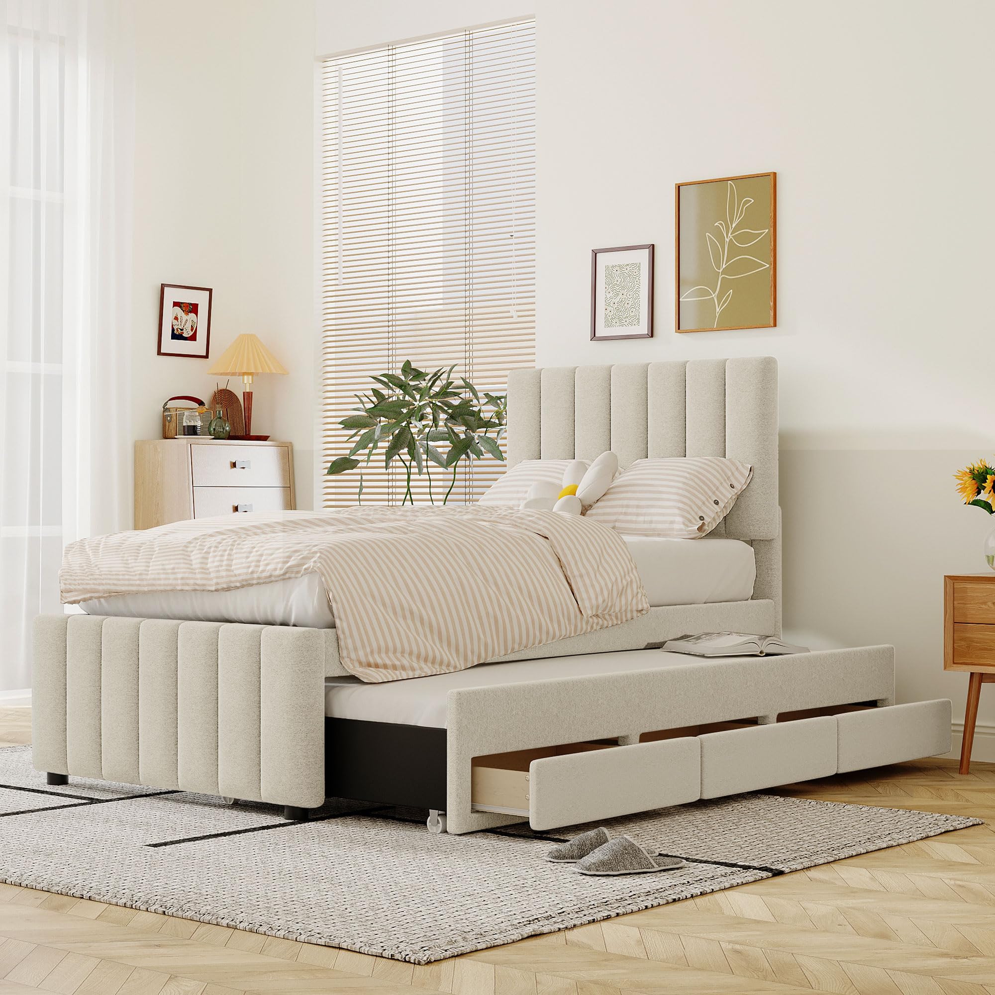 FEELHOME Upholstered Platform Bed, Twin Size Wooden Bed Frame with Pull-Out Twin Size Trundle and 3 Drawers, Wood Slat Support, No Box Spring Needed, Linen Fabric, Beige