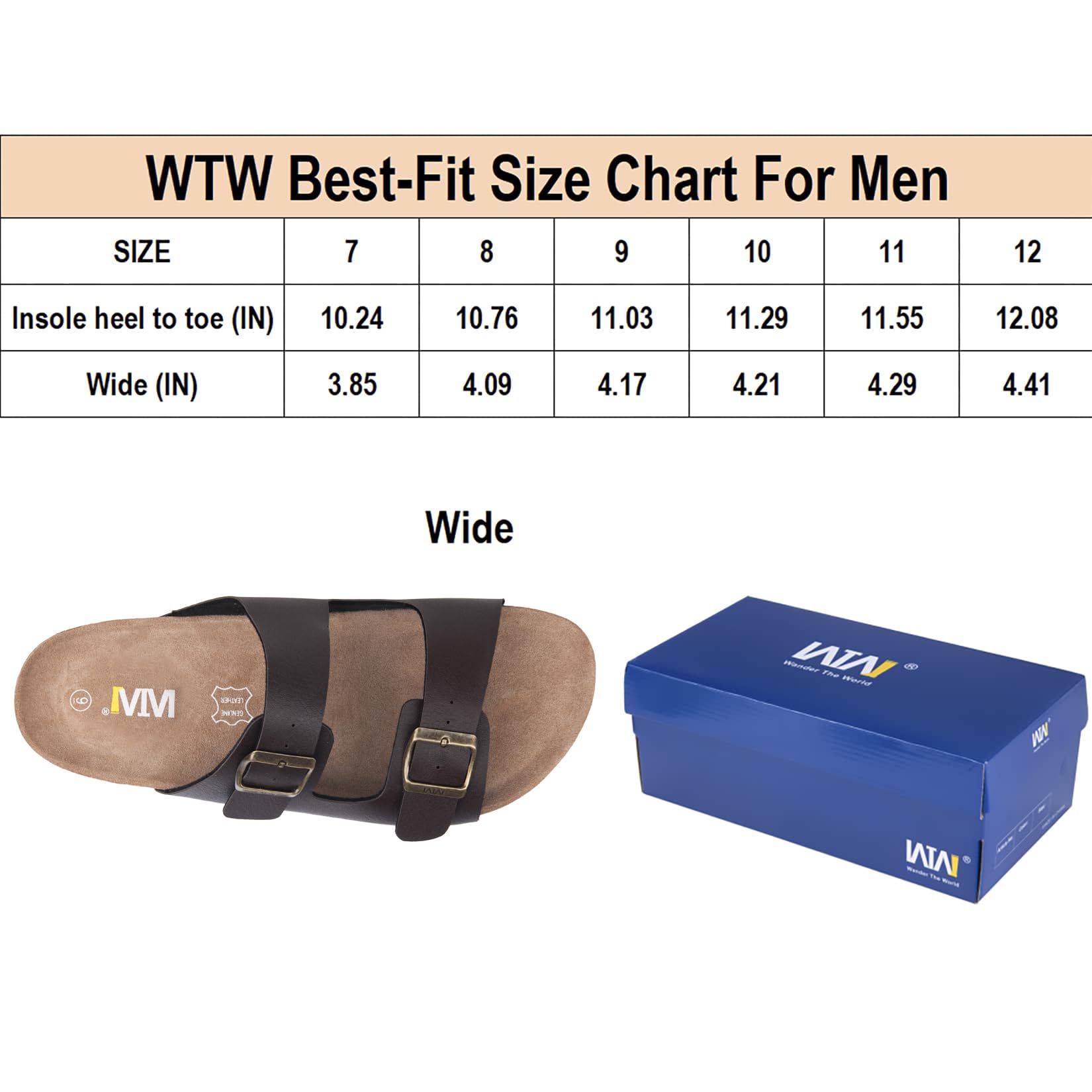 WTW Men's Cork Footbed Sandals Slip on Beach Slide Slipper Shoes with Adjustable Metal Buckle Strap for Men Causal Style