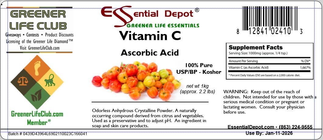 Essential Depot Ascorbic Acid Powder - Vitamin C - 2.2 lbs - 1 KG - USP - Safety Sealed HDPE Container with resealable Cap