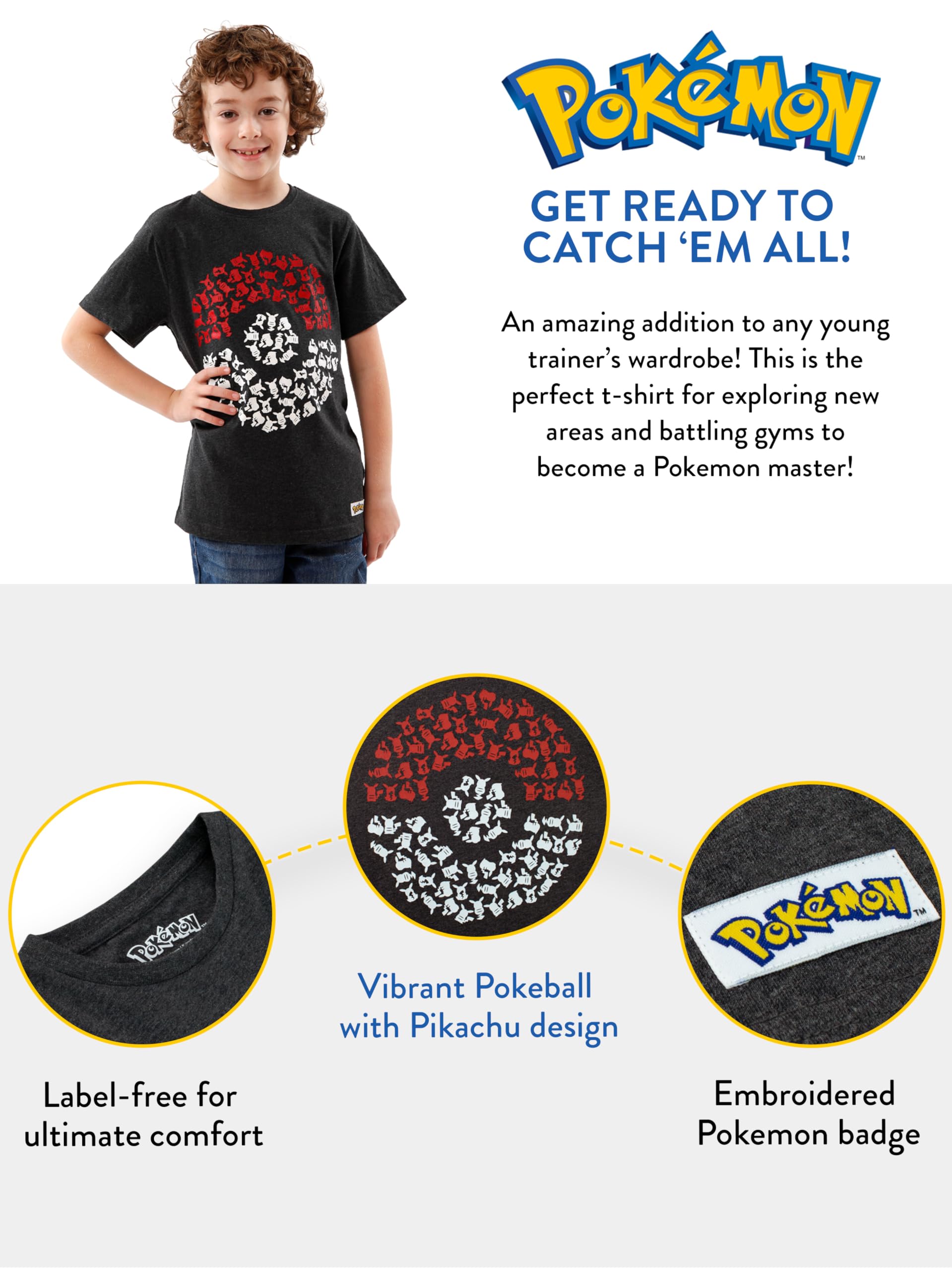 Pokémon T-Shirt | Boys Pikachu T Shirt | Pokeball Boys Tshirt | Official Pikachu Merchandise | 10 Black