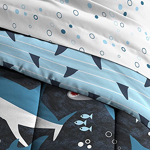 dream FACTORY Kids 5-Piece Complete Set Easy-Wash Super Soft Microfiber Comforter Bedding, Twin, Blue Sharks