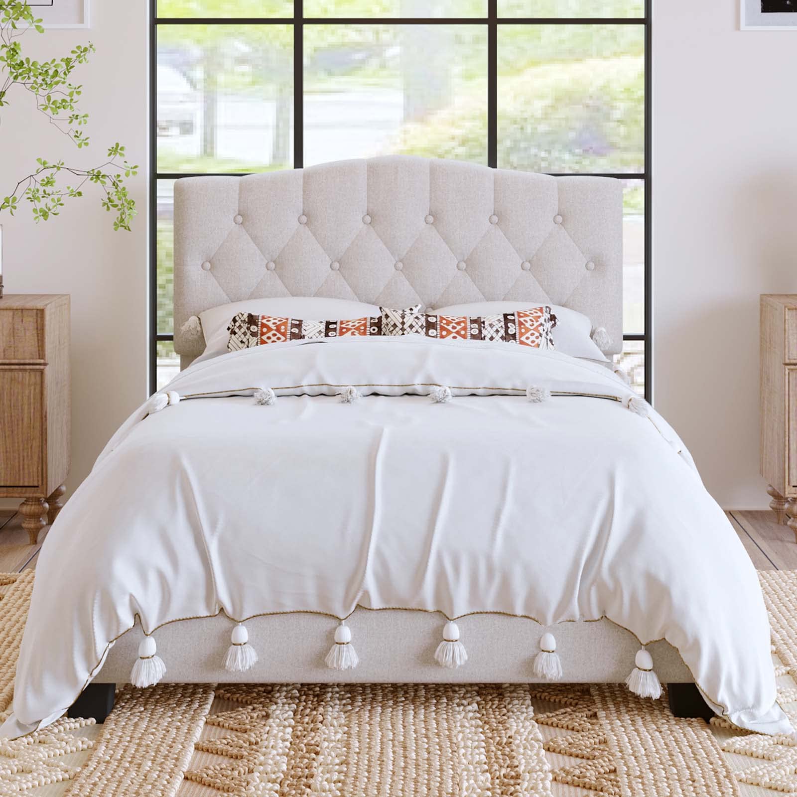 Full Size Upholstered Platform Bed Frame with Saddle Curved Headboard and Diamond Tufted Details, Wooden Slats Support, No Box Spring Needed for Boys Girls Teens Adults, Under Bed Storage (Full)